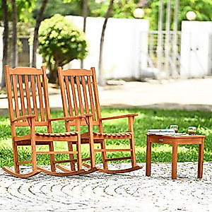 Giantex Rocking Chair 3 Piece Set Wooden W/Two Wood Conversation Chairs and Accent Table for Backyard Porch Poolside Lawn Wooden Rocker Set