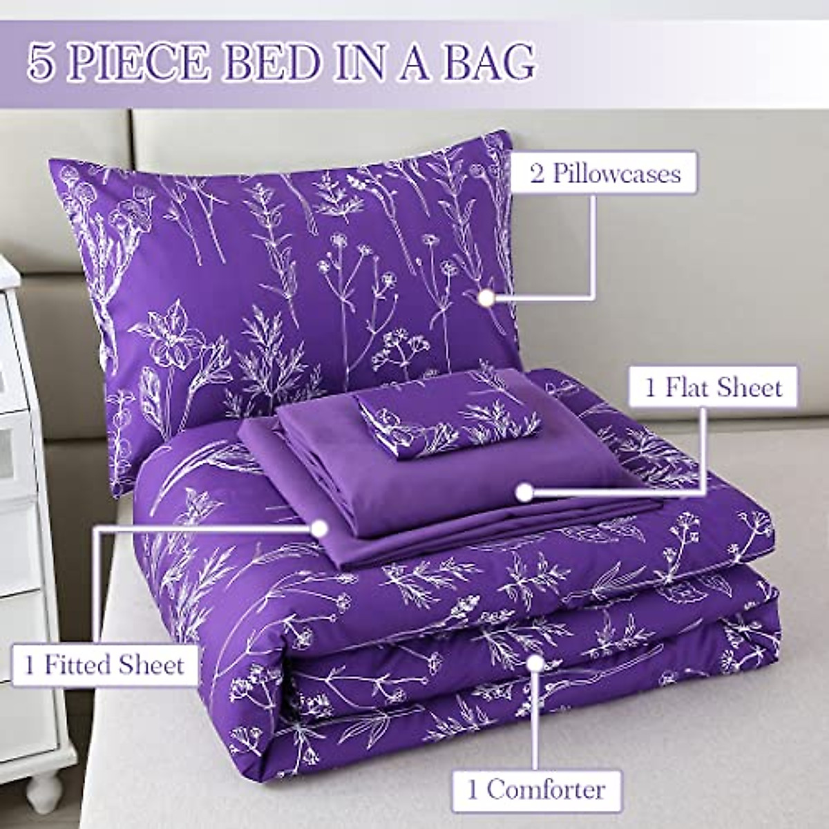 URBONUR Purple Comforter Set Full Size, 5Pcs Bed in A Bag Plant Floral Bed Set for Full Bed, Soft & Fluffy All Season Purple Bedding Set, Comforter, Flat Sheet, Fitted Sheet & Pillow Cases