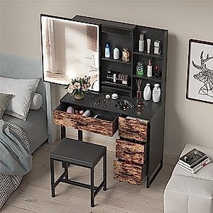 PAKASEPT Vanity Desk with Mirror and Lights, 35.4'' Rustic Vanity Set with Hidden Space & Shelves, Cushioned Stool, Farmhouse Makeup Vanity Desk for Bedroom