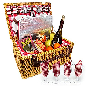 Nature Gear Upgraded 4 Person XL Picnic Basket (4 Person, Red & White)