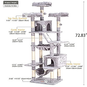 Heybly Cat Tree 73 inches XXL Large Cat Tower for Indoor Cats ,Multi-Level Cat Furniture Condo for Large Cats with Padded Plush Perch, Cozy Basket and Scratching Posts Light Gray HCT030W