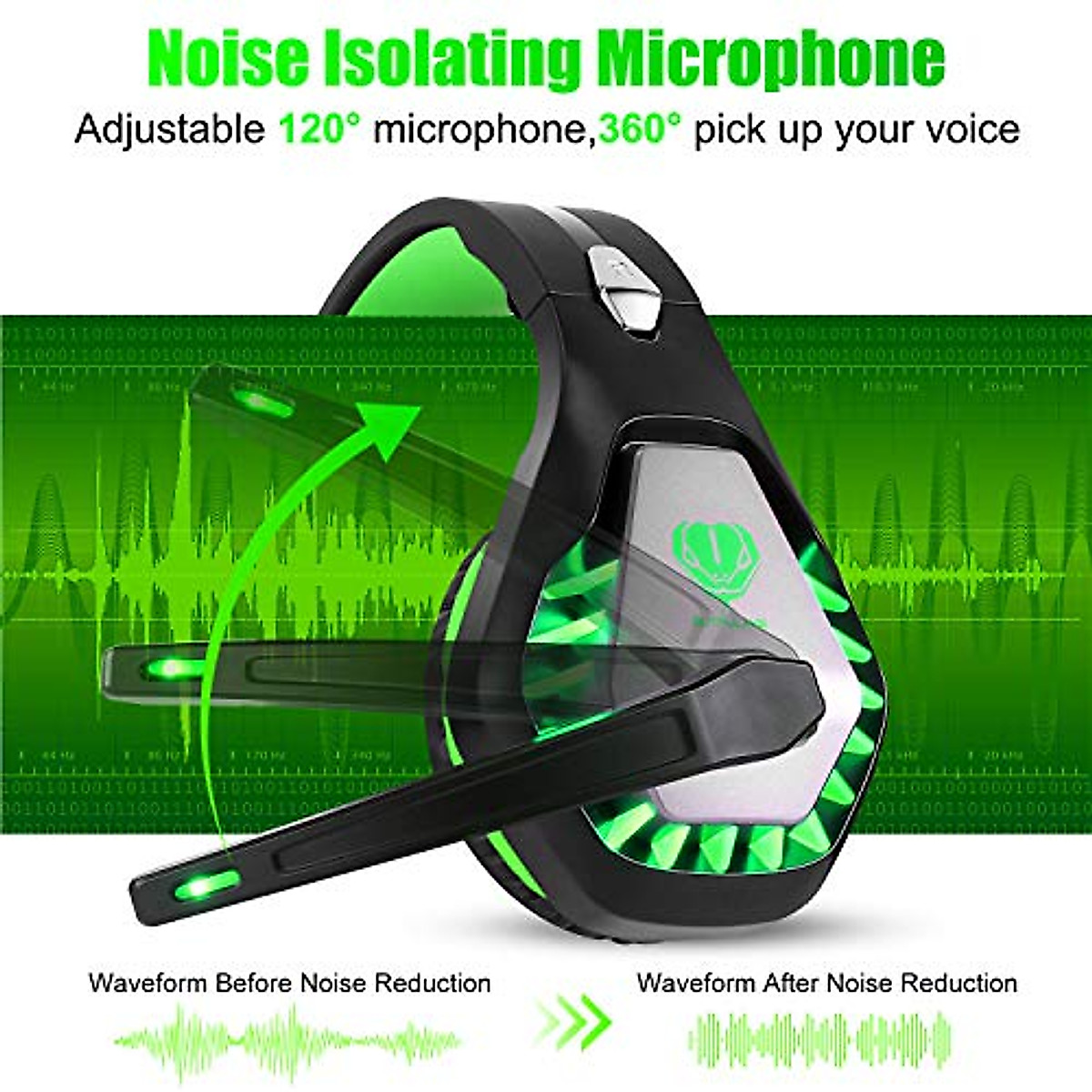 ENVEL Gaming Headset with Microphone for PS5 Xbox One X S,Surround Sound Stereo for PS4/Nintendo Switch,Noise Cancelling Omnidirectional Microphone,LED Light,Compatible with Mac/PC/Laptop(Green)