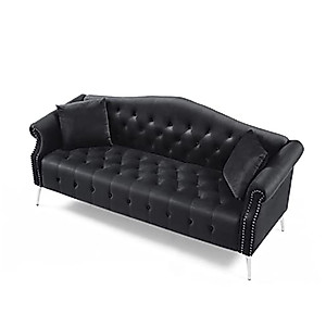 Lepfun Chesterfield Velvet Sofa Classic Loveseat Contemporary Upholstered Couch Button Tufted Nailhead Trimming Curved Backrest Rolled Arms with Silver Metal Legs Living Room,4 Pillows Included,Black