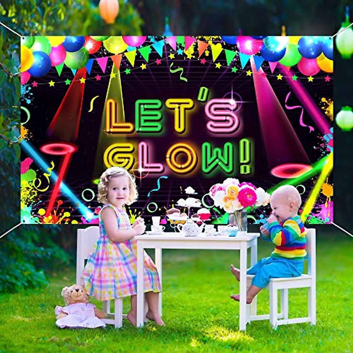 Neon Glow Party Backdrop Fabric Let Glow Background Glow Party Themed Backdrop Halloween Neon Birthday Party Decorations for Neon Themed Party Birthday Party, 5.9 x 3.6 Ft