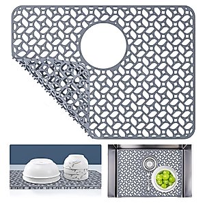 JUSTOGO Silicone Sink Protector, Rear Drain Kitchen sink mat Grid Accessory, 1 PCS Grey Non-slip Heat Resistant sink mats for Bottom of Farmhouse Stainless Steel Porcelain Sink (19.25 ''x 14 '')