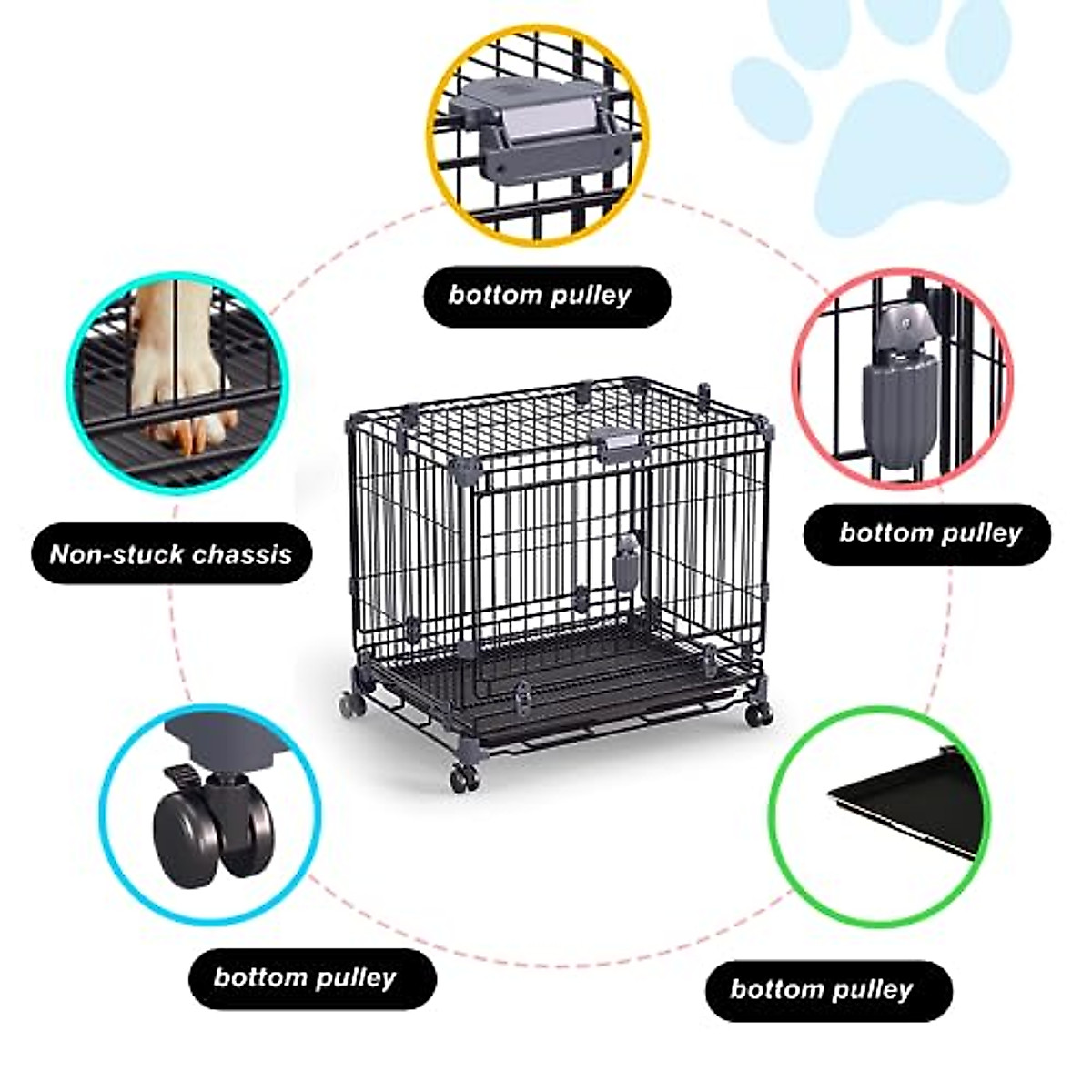 Docal Heavy Duty Dog Crate with Wheels, Easy to Assemble Medium Dog Kennel Dog Playpen with Double Door and Drawer Leak-Proof Tray, Multiple Stackable Thick Sturdy Carbon Steel Pet Cage，Black 24 inch