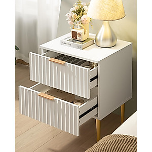 SICOTAS White Night Stand Set 2, Wide Fluted Nightstand with 2 Drawers, Modern Glossy Storage Bedside Table for Bedroom, End Side Table with Golden Metal Legs and Handles（2, White）