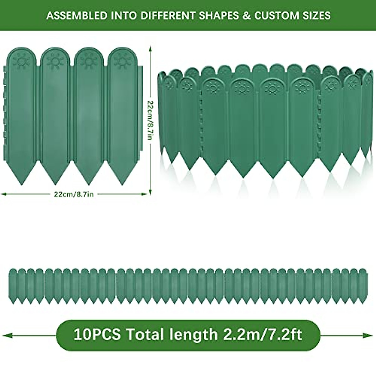EEOCWF 10PCS Green Garden Edging Borders, 8.66"X8.66" Plastic Garden Landscape Edging, 7.2ft Interlocking Decorative Garden Fences Edging, Lawn Edge Flower Bed Border for DIY Patio Walkways Yard