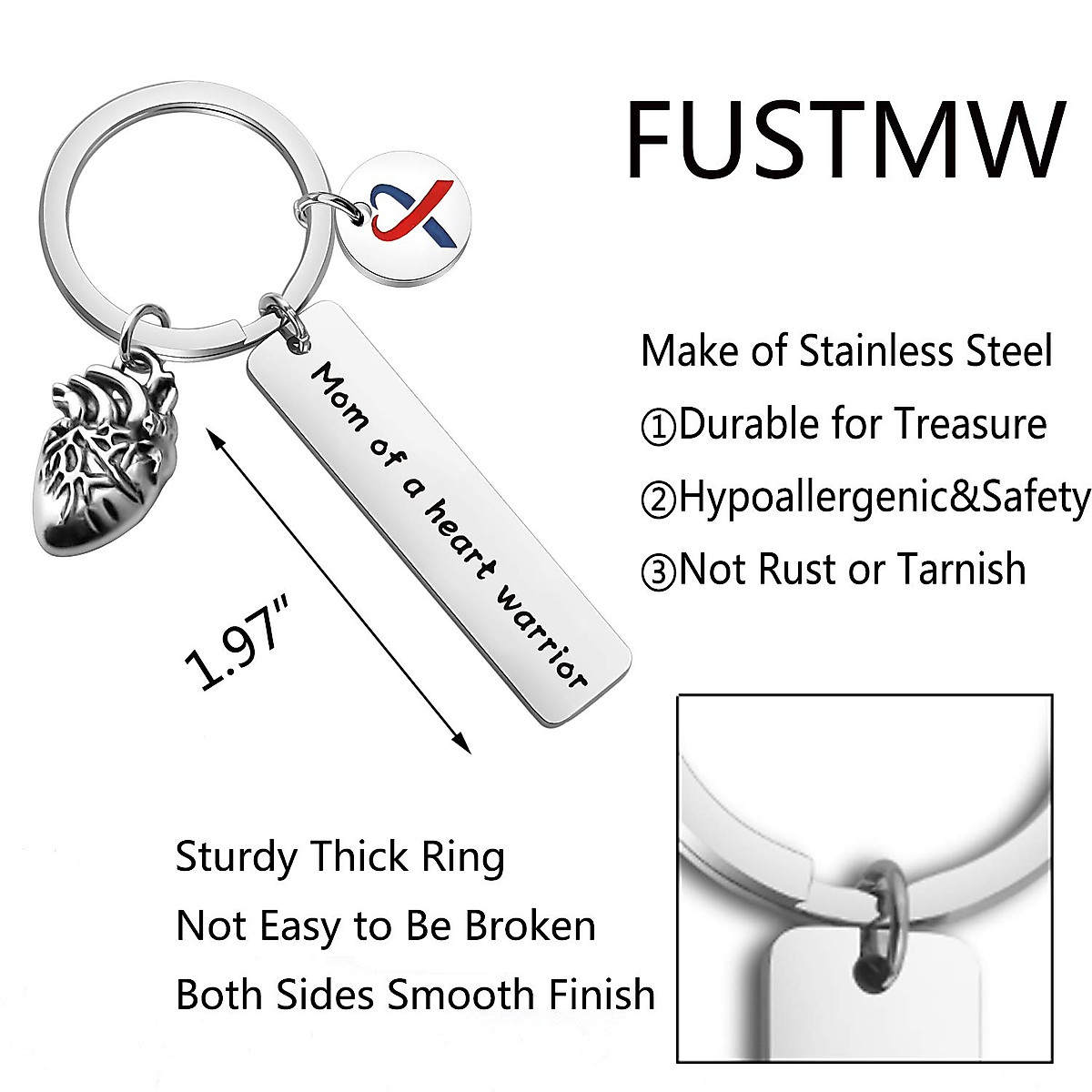 FUSTMW CHD Awareness Keychain Mom of A Heart Warrior Gifts CHD Heart Defect Recovery Gift Heart Disease Jewelry (Mom Heart Warrior ky)