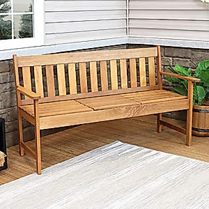 Sunnydaze Meranti Wood Outdoor Bench with Teak Oil Finish and Built-in Pop-Up Table - Comfortable Patio Seating for 2 Adults - Modern Occasional Bench - Decorative Porch Furniture - 60-Inch