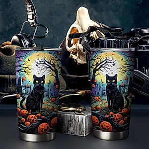 ORCAE 20oz Halloween Pumpkin Ghost Black Cat, Gifts for Cat Lovers, Halloween, Trick or Treat Gifts, Coffee Thermos, Stainless Steel Double Wall Vacuum Insulated Coffee Mug, Travel Cup with Lid - BH