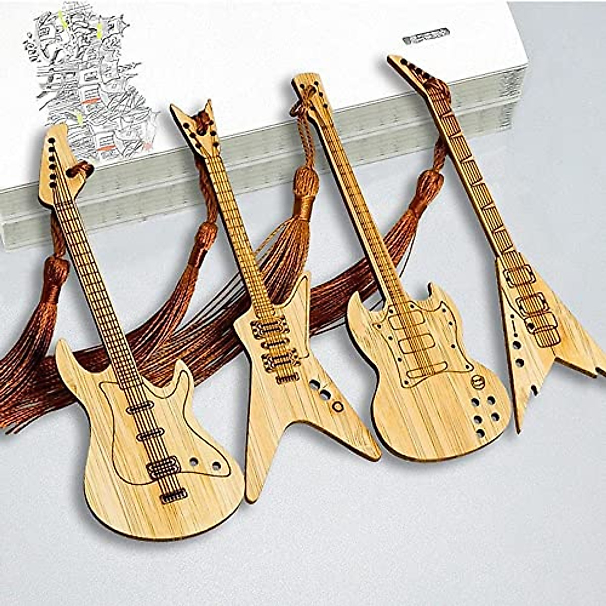 Natural Bamboo Bookmarks with Tassels,Retro Guitar Bass Bookmark Chinese Style Bamboo Bookmark Bass Book Folder Book Clip(C)