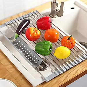 Roll Up Dish Drying Rack, Foldable Silicone-Coated Stainless Steel Dish Drainer for Kitchen, Over The Sink Dish Drying Rack, Gray Multipurpose for Kitchen, Black (RXCEWR)