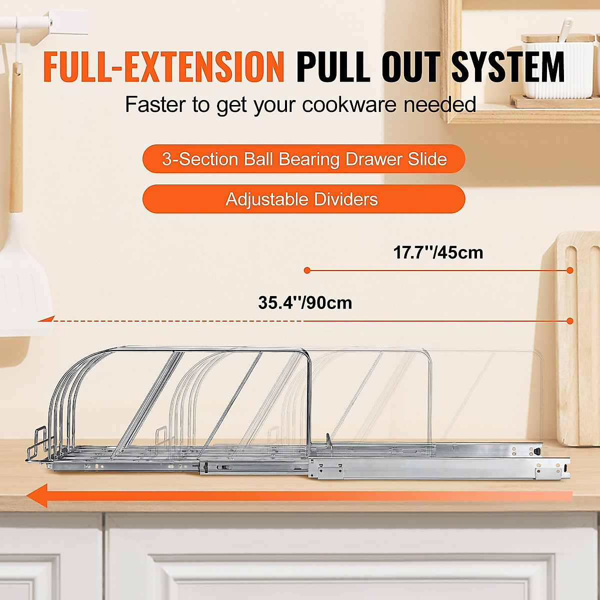 VEVOR Pan and Pot Rack, Expandable Pull Out Under Cabinet Organizer, Cookie Sheet Baking Pans tray Organization, Adjustable Wire Dividers, Steel Lid Holder for Kitchen Cabinet & Pantry Storage, 13.8"W