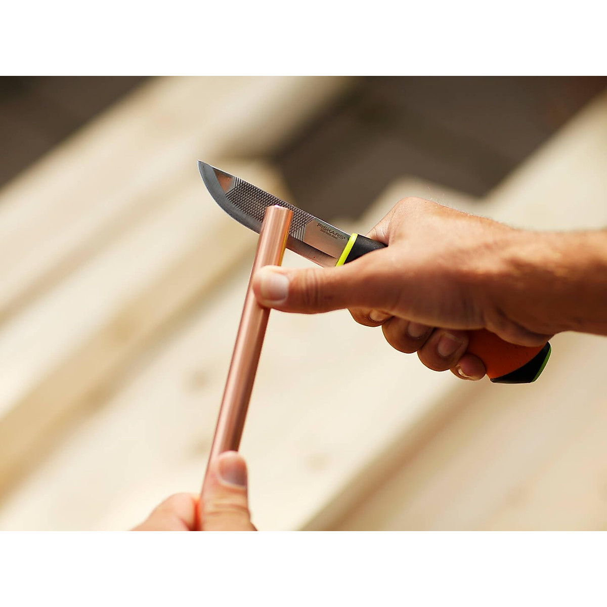 Fiskars Knife including Holster with Integrated Knife Sharpener, Total length: 21.9 cm, Black/orange/green, 1023619, Standard