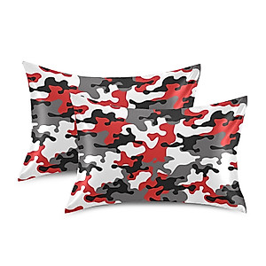 Red Grey Camouflage Pillow Covers Silk Pillowcase for Hair and Skin Soft Smooth Breathable Cooling Satin Pillowcase Standard Size Pillow Case for Bedroom Bed Sleeping (20x26 Inch)