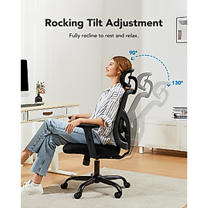 HUANUO Ergonomic Office Chair, High Back Desk Chair with S-Shaped Backrest, Adjustable Lumbar Support, Headrest, Armrest, Mesh Computer Chair with Thicker Seat Cushion and Tilt Function, Black