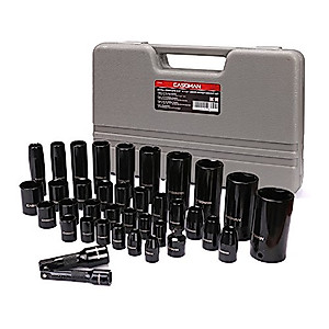 CASOMAN Complete 3/8" and 1/2” Drive Impact Socket Set, Inch (SAE) /Metric, Cr-V, 6-Point, 3/8"- 1-1/4", 8 mm - 24 mm, Deep & Shallow, 38-Piece Impact Socket Set