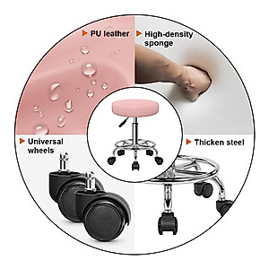 KKTONER PU Leather Round Rolling Stool with Foot Rest Swivel Height Adjustment Spa Drafting Salon Tattoo Work Office Massage Stools Task Chair (Pink)