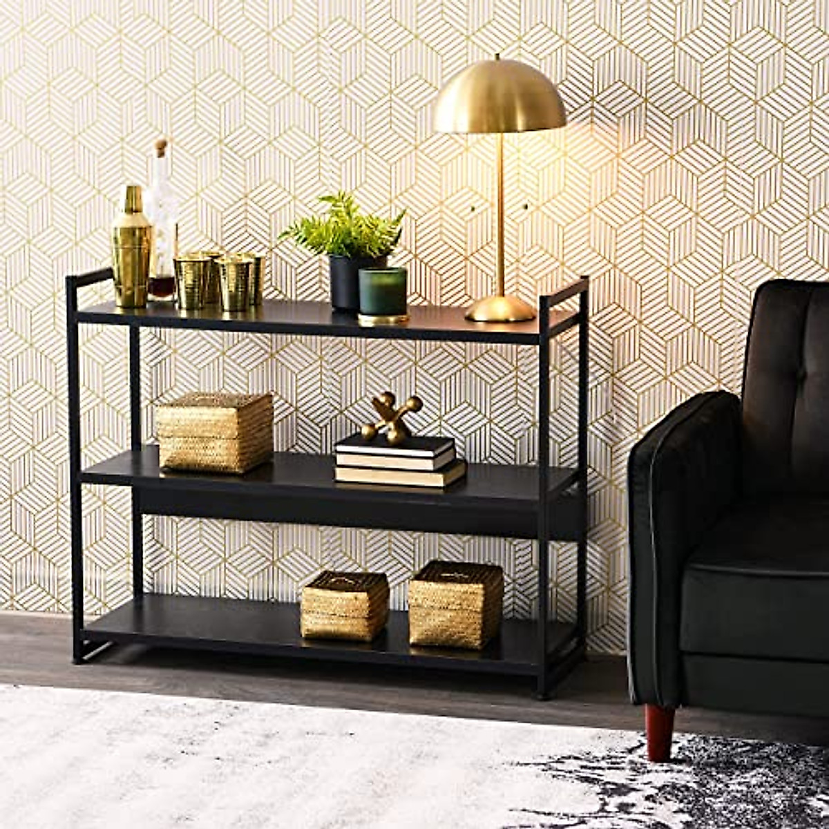 Household Essentials 3 Tier Wide Book Shelf, Medium, Black Oak Finish