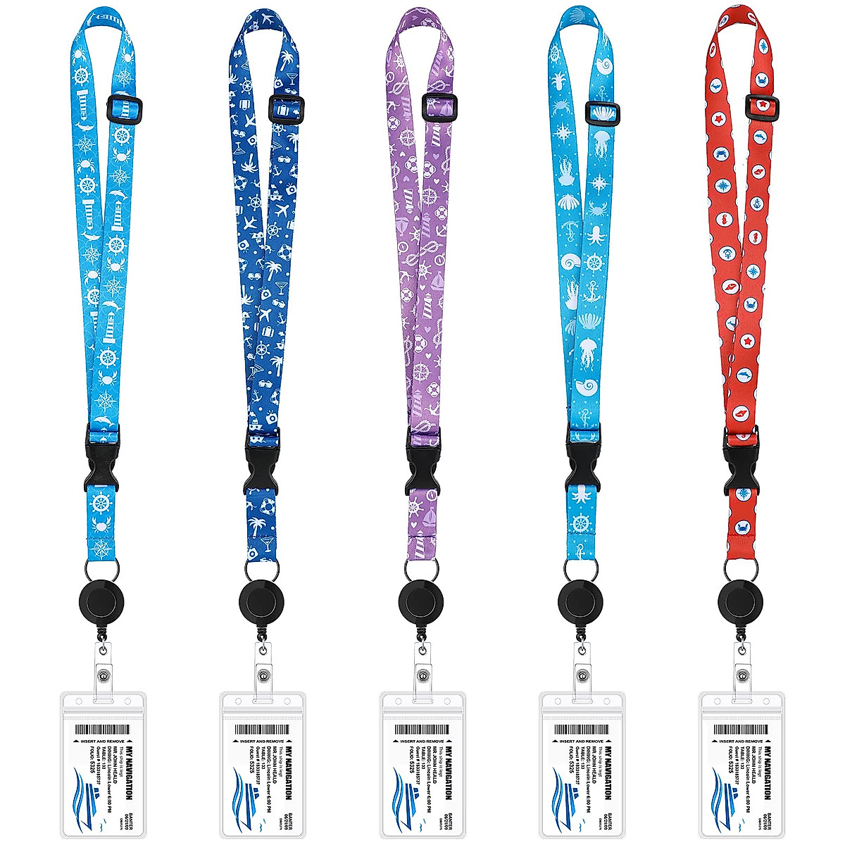 Leinuosen 5 Sets Cruise Lanyard for Ship Cards Ship Essentials Cruise Lanyards Pattern Adjustable Lanyard with Retractable Reel Waterproof ID Badge Holders Accessories(Fresh Style)