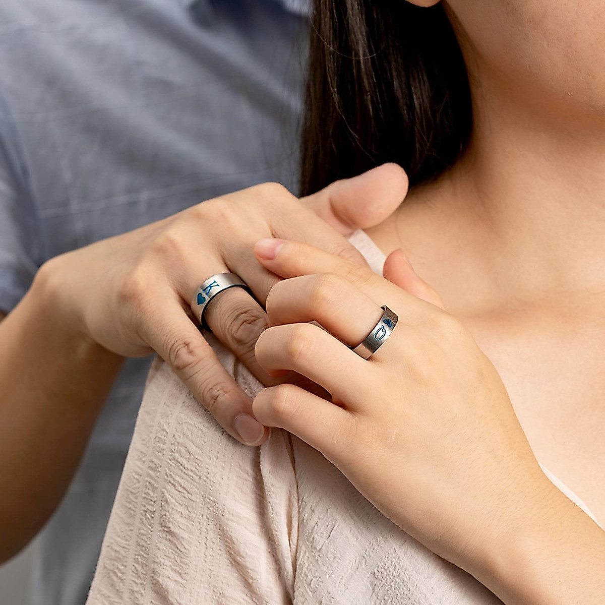 Beydodo Couples Promise Rings Engraved, Stainless Steel Anniversary Rings Size 9 and 11 King and Queen Ring with Heart