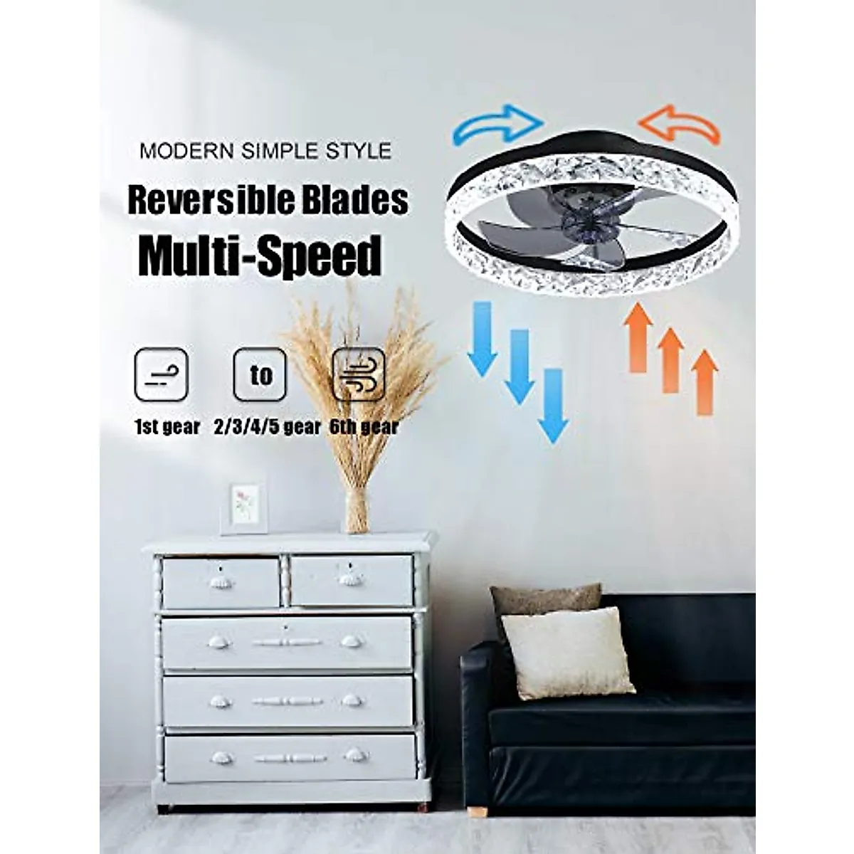 QUMFIXPU 20" Round Flush Mount Ceiling Fan with Lights, Modern Dimmable LED Low Profile Fan, Hidden Reversible Blades, Multi-Speed and Timing with Remote Control (Black)…