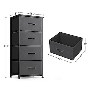 FEZIBO 4 Drawer Fabric Dresser Storage Tower, Organizer Unit for Bedroom, Closet, Entryway, Hallway -Steel Frame, Wood Top, Easy Pull Handle, Black Grey