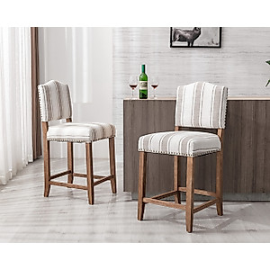 CIMOTA Counter Height Bar Stools Set of 2 Farmhouse Bar Chairs Mid Century Counter Stools Barstools with Back Kitchen Stools with Wood Legs for Island/Dining Room, Linen Beige Brown Stripe, 26 Inch