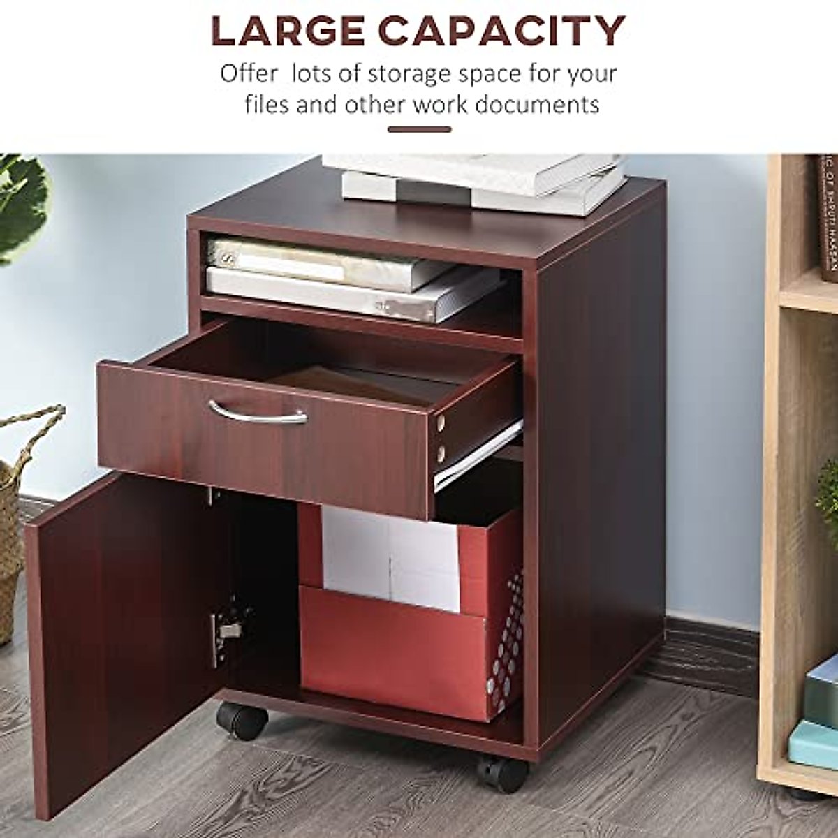 HOMCOM Mobile Storage Cabinet Organizer with Drawer and Cabinet, Printer Stand with Castors, Brown