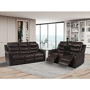 Verfur 2 Pieces Faxu Leather Sofa, 3 Seater Manual Reclining Motion Couch and Loveseat with Storage Console & Cup Holders for Living Room/Office/RV Theater Seating Furniture Set, Brown