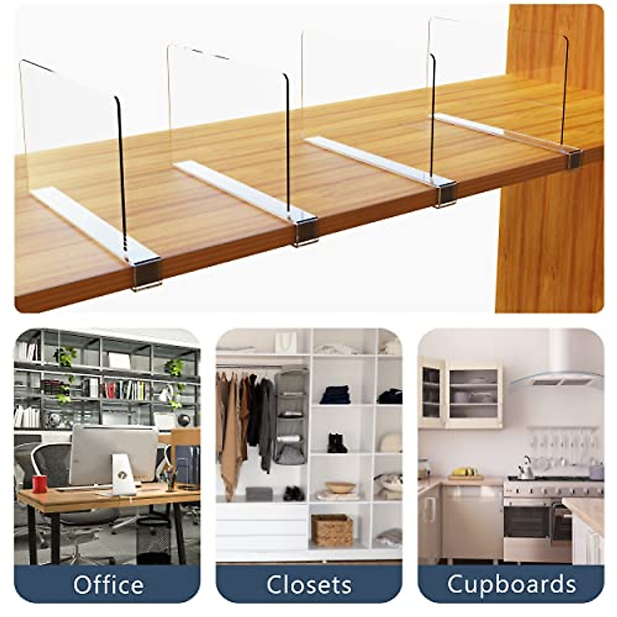 CRYSFLOA Acrylic Shelf Dividers 4 Pack Shelf Dividers for Closet Organization Wood Shelves Organizer Cabinet Shelf Separator for Home Office Cabinets Divider for Kitchen Set of 4