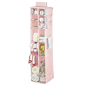 mDesign Long Soft Fabric Over Closet Rod Hanging Storage Organizer with 12 Divided Shelves, Side Pockets for Child/Kids Room or Nursery, Store Diapers, Wipes, Lotions, Toys - Pink/White