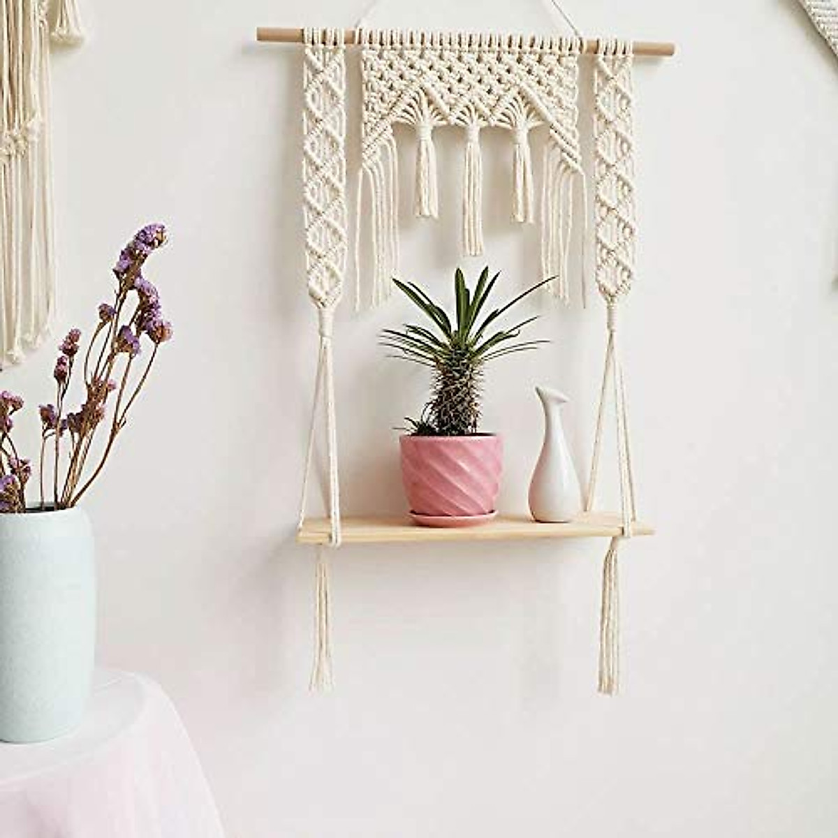 BLUETTEK Macrame Wall Hanging Shelf, Wood Floating Hanging Storage Shelf Organizer Hanger, Handmade Cotton Rope Bohomia Woven Home Wall Decor (Diamond)