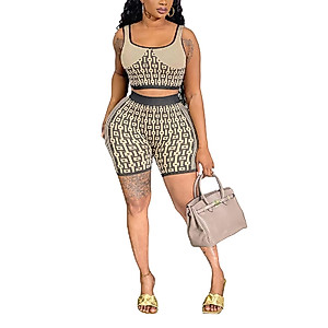 Annystore Women's Sexy 2 Piece Outfits Sleeveless Print Ribbed Tank Crop Top Jogger Biker Workout Shorts Tracksuit Set Brown XL