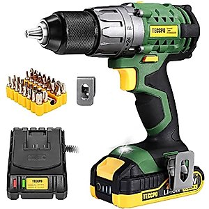 TECCPO Cordless Drill, 20V Drill Driver 2000mAh Battery, 530 In-lbs Torque, Torque Setting, Fast Charger 2.0A, 2-Variable Speed, 33pcs Accessories, 1/2" Metal Keyless Chuck