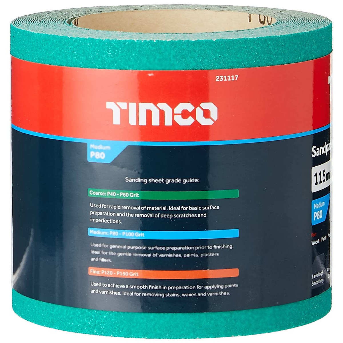 TIMCO 80 Grit Sandpaper Roll - Green -115mm x 10m