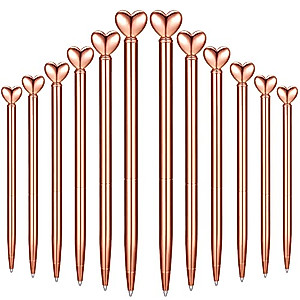 Chinco 12 Pieces Heart Shaped Metal Pens Black Ink Retractable Decorative Cute Pens for Women Girl Heart Writing Ballpoint Pens for Valentines Gifts Office School Wedding (Rose Gold)