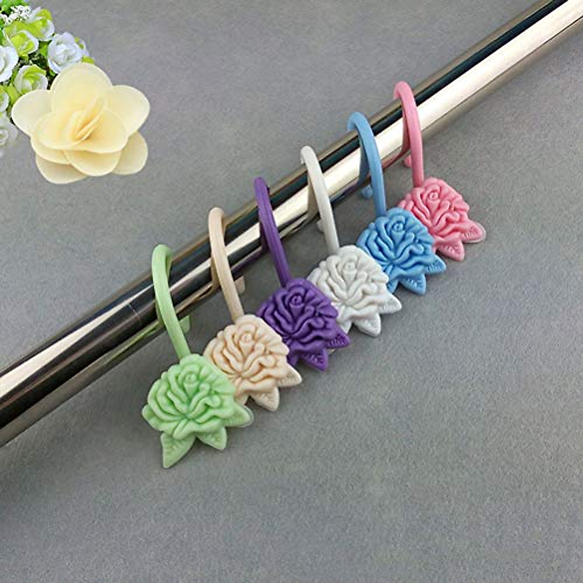 VORCOOL Convenient 18pcs Plastic Shower Curtain Hooks Rose Shape Decor Bath Drape Loop Clip Glide Rings Hangers (Green, Blue, Purple, White, Pink and Beige for Each 3pcs) Hook