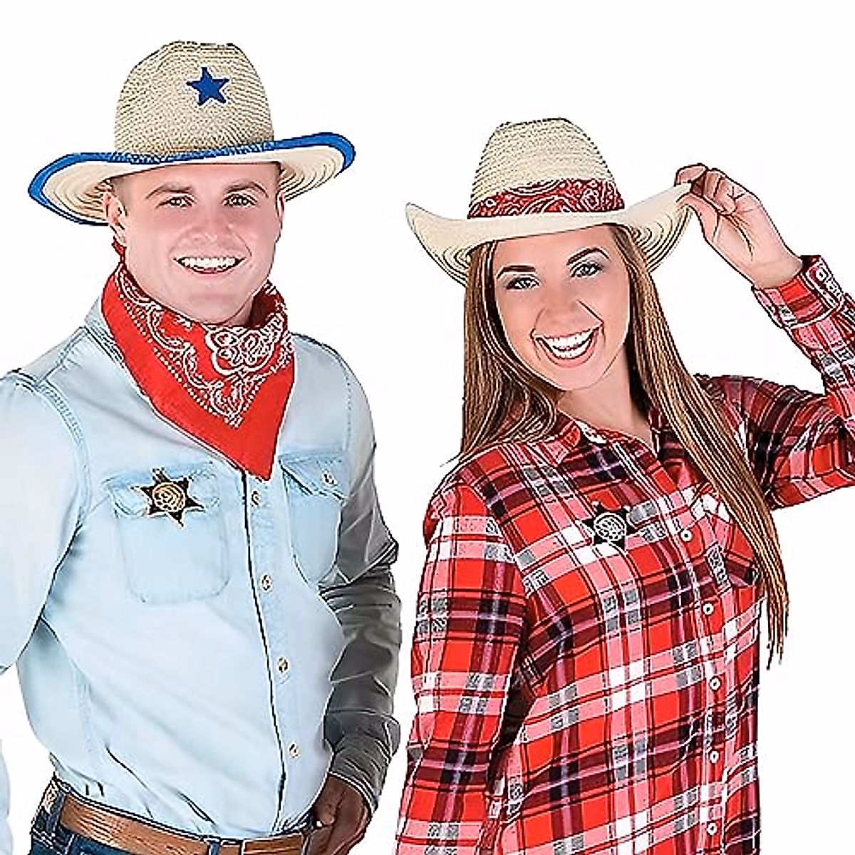 Fun Express Cowboy Hat for Men - Authentic Western Style Cowboy Hats for Men with Red Bandana Accent, Bulk Set of 12 Durable Woven Straw Cow boy hat Versatile Party Hats, Unisex Design