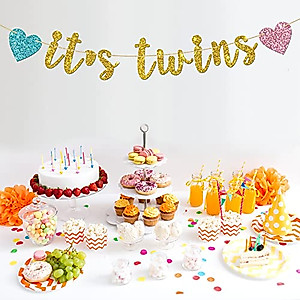 It's Twins Banner - Gold Glitter Baby Shower Bunting Gender Reveal Party for Babies Twin Decorations Supplies