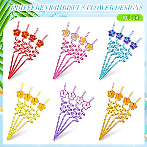 24 Pcs Hibiscus Flower Bendable Straws Flower Drinking Straws Plastic Hibiscus Flower Straws Flower Party Favors for Kids Boys Girls Spring Summer Hawaiian Beach Birthday Supplies, 6 Colors