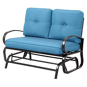 JY QAQA Outdoor Patio Metal Glider Rocking Bench, Garden Porch Furniture Glider, Wrought Iron Chair Set with Cushion, Blue