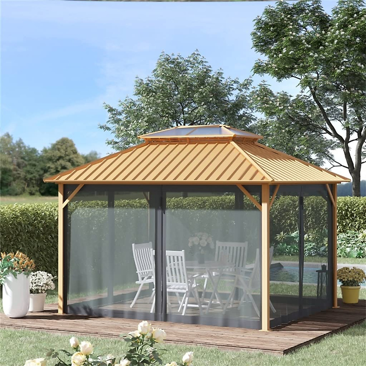 MGWYE 12' x 10' Hardtop Gazebo Steel Canopy Outdoor Pergola with Aluminum Frame and Netting for Patios, Gardens, Lawns