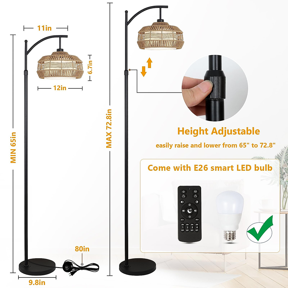 LAMSU Arc Floor Lamp with Remote Control, Boho Rattan Floor Lamps, Dimmable Farmhouse Standing Lamp with Bulb, Rattan Fabric Double Shades, Rustic Adjustable Tall Lamps for Living Room Bedroom Office