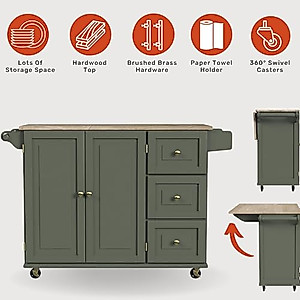 Homestyles Mobile Kitchen Island Cart with Wood Top and Dropleaf Breakfast Bar, 18" D x 53.5" W x 36" H, Green