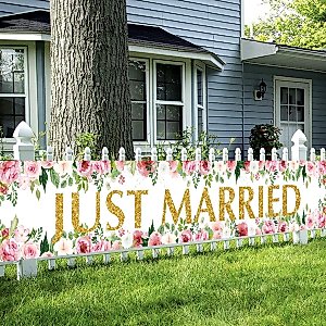 LOONELO Just Married Wedding Backdrop Wedding Banner with 118 X 19.7 inch, Floral Bridal Shower Backdrop Banner Sign for Bridal Shower Wedding Engagement Party Decorations Photography Background