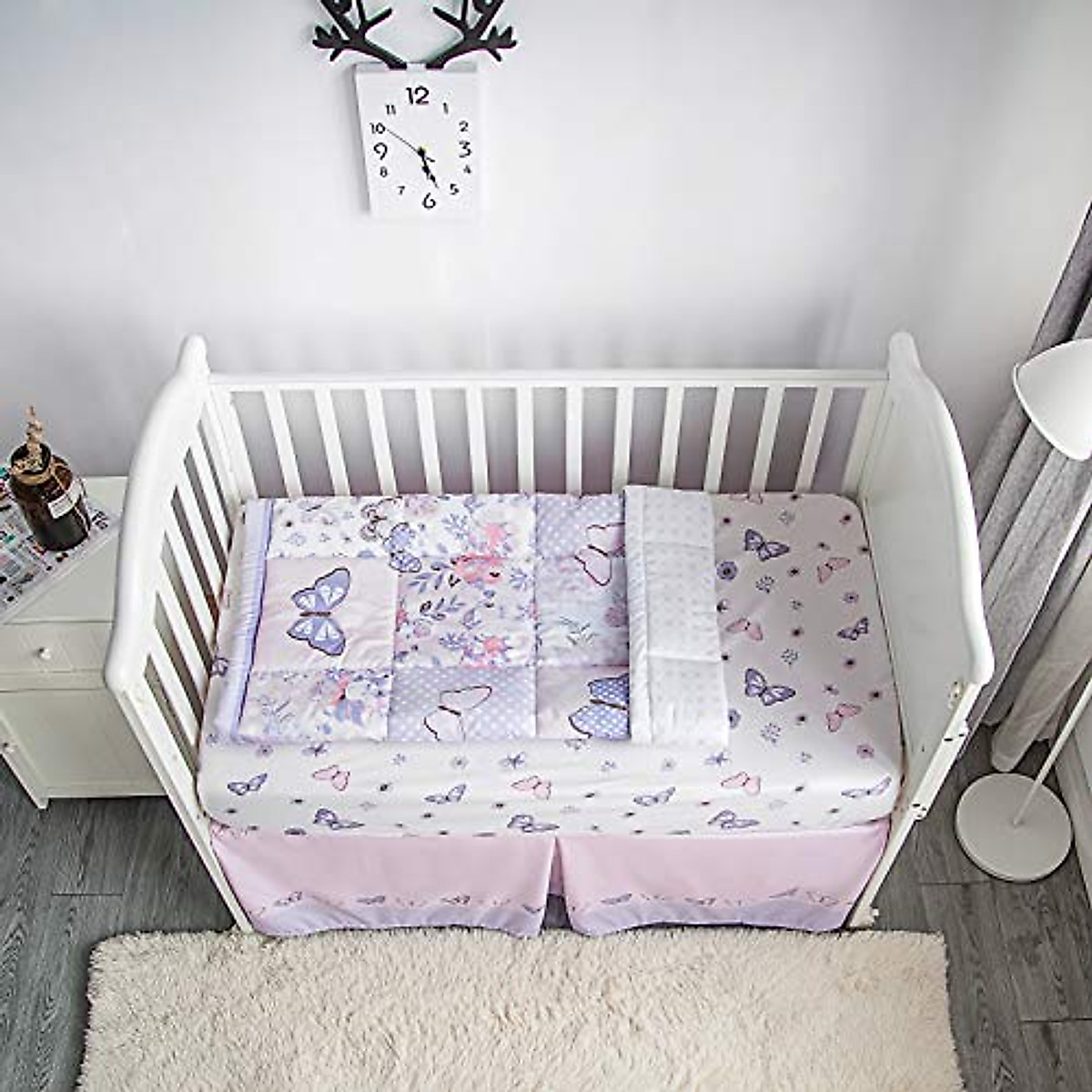 La Premura Lilac Butterfly Baby Girl Crib Bedding Set for Girls – Butterfly 3 Piece Standard Size Crib Bedding Sets in Pastel Pink and Purple
