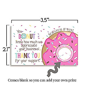 Donut Themed Scratch & Win Customer Appreciation Package Inserts for Small Businesses, 20 2" X 3.5” Single Sided Insert Cards with Scratch Off Stickers included by AmandaCreation