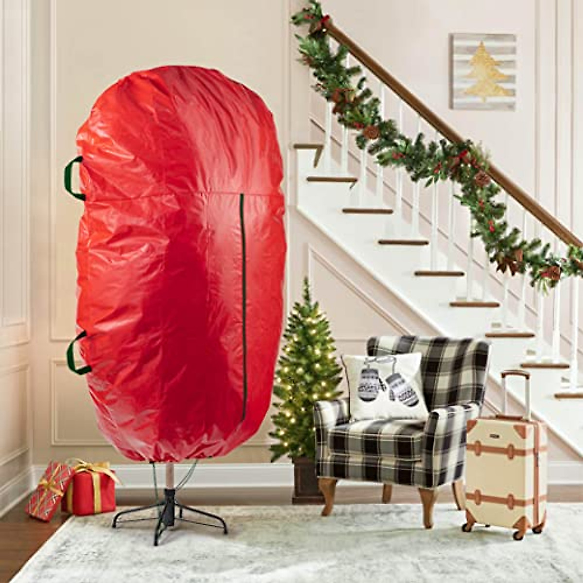 Zober Upright Tree Storage Bag for Christmas Trees of 7.5ft. Tall, Tree Bag Is Tear Proof Polyethylene; Comes With Drawstring Hem, Zipper, And Carry Handles, Waterproof Material Protects From Dust & Moisture